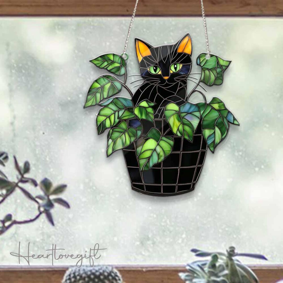 Black Cat in Plant Pot Acrylic Window Hanging, Black Cat Cute Acrylic ...