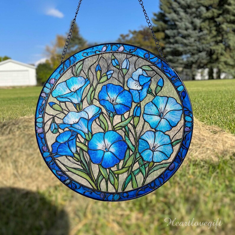 Blue Morning Glory Flower Glass Suncatcher, September Birth Flower ...