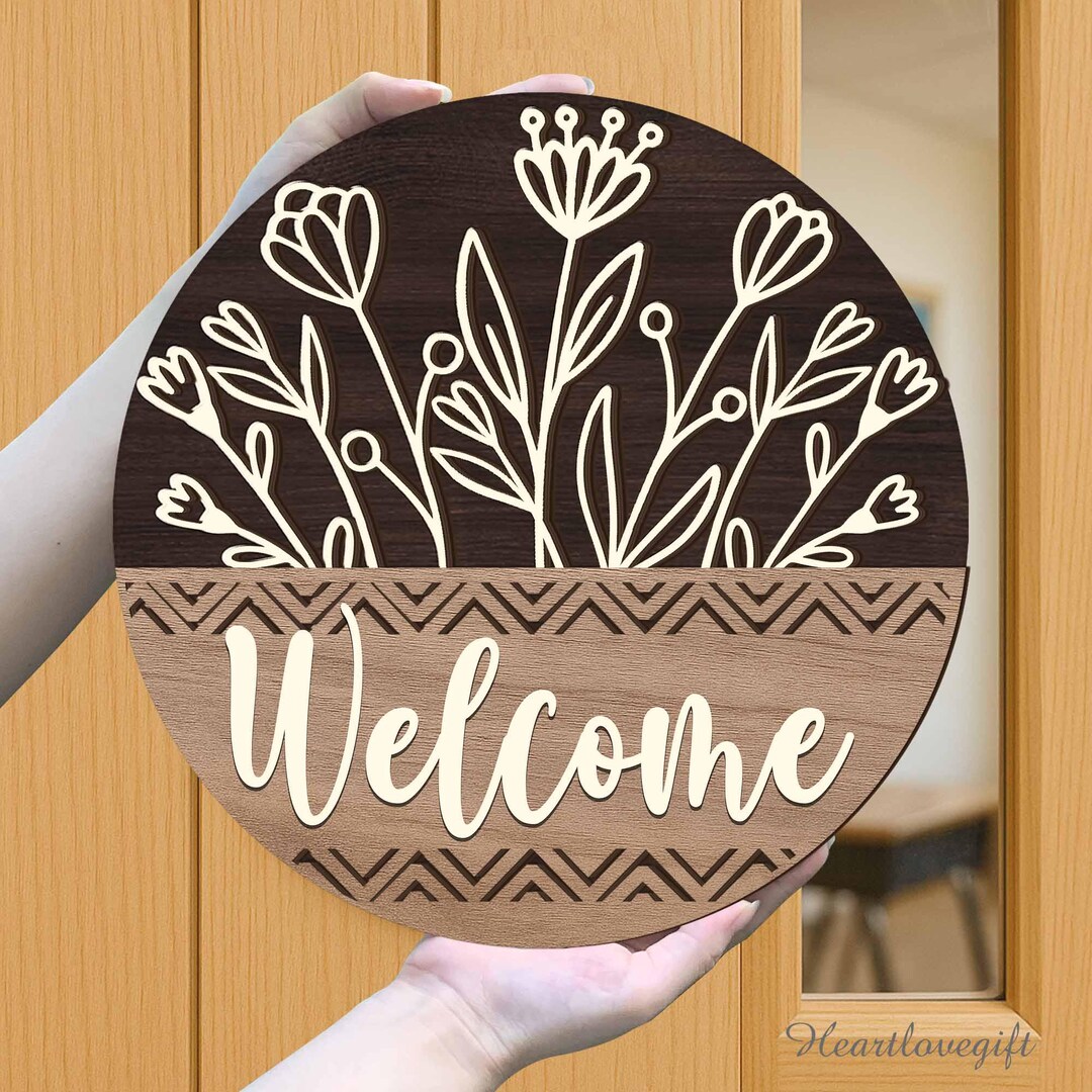 Wooden Welcome 3D Door Hanger, Floral Door Hanger, Retro Floral Welcome ...