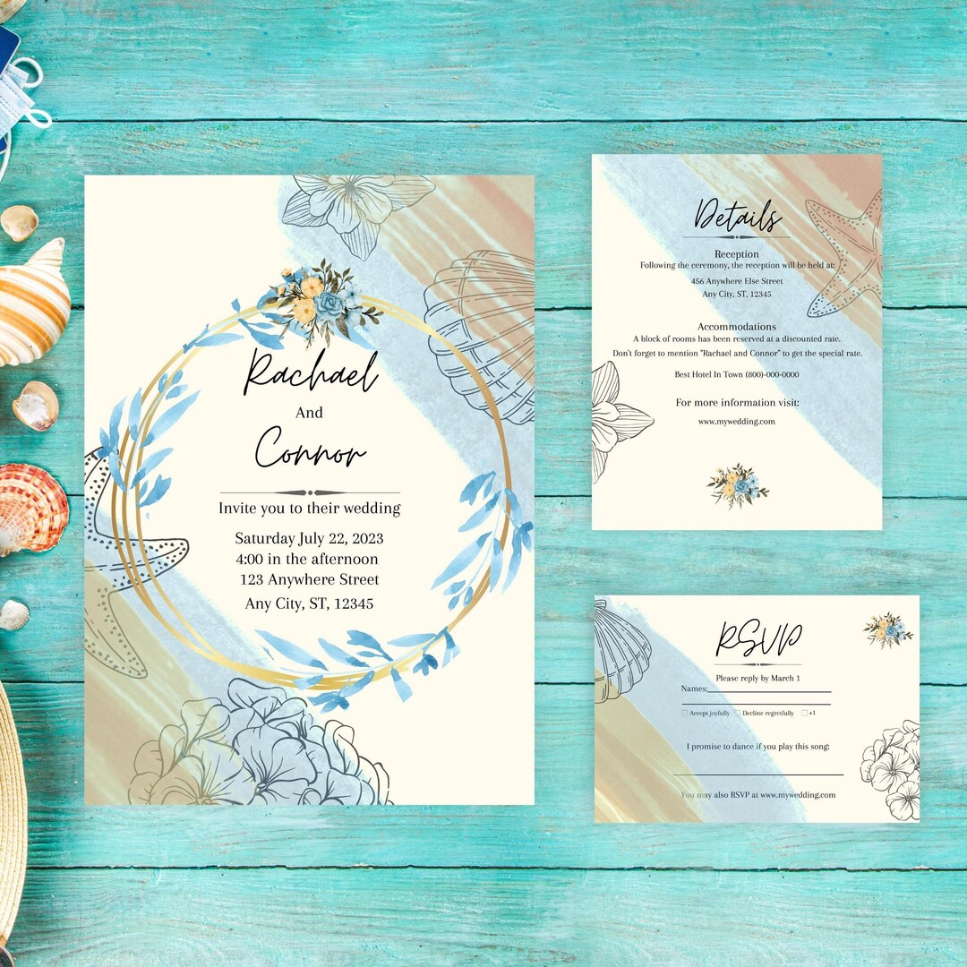 Summer Themed Wedding Invitation Canva Printable Template Full Set - Etsy