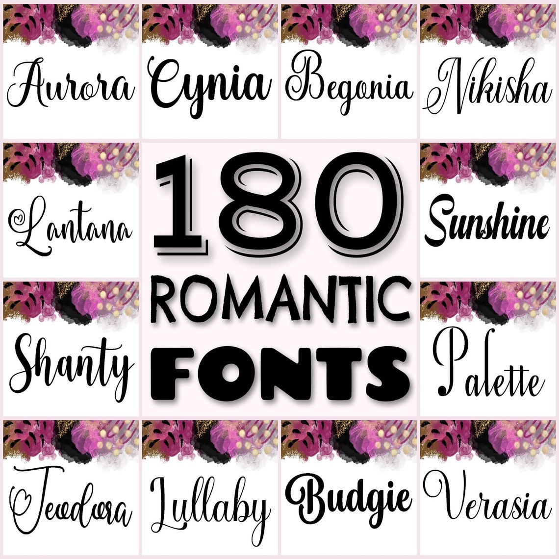 180 Romantic Font Bundle, Wedding Fonts, Script Font Pack, Cursive Font ...