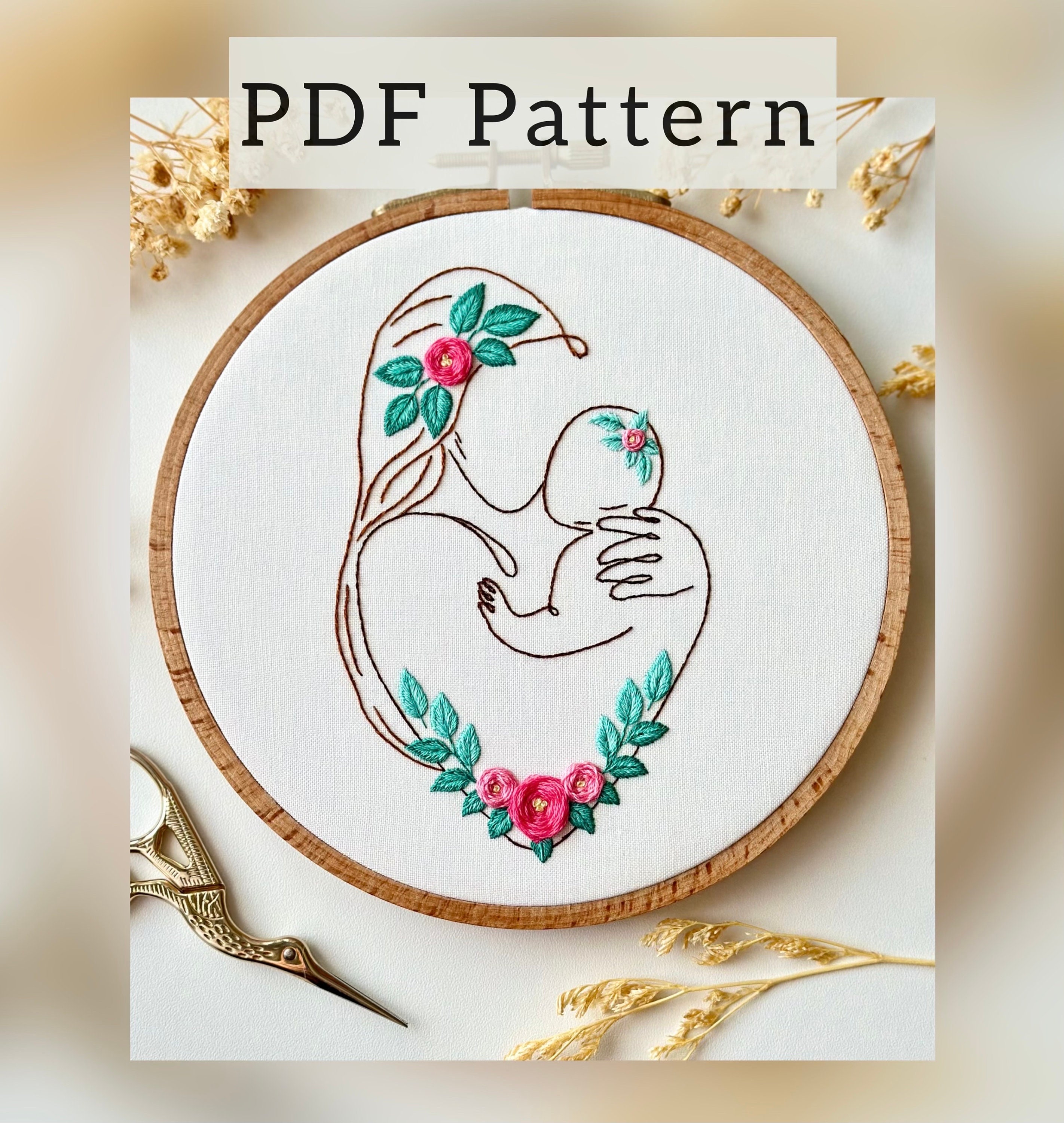 PDF Pattern Mother With Baby Floral Embroidery, Hand Embroidery Pattern ...