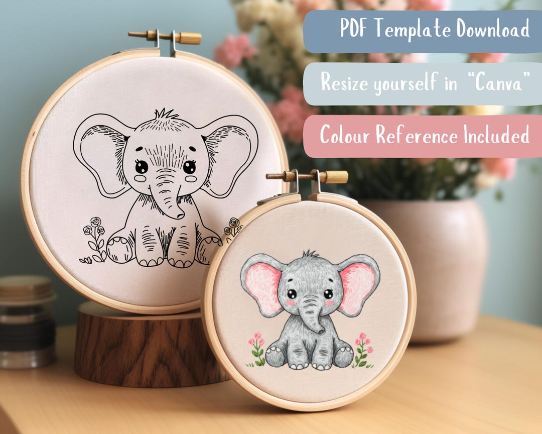 Cute Elephant Hand Embroidery Pattern. Elephant Nursery Hoop Template ...