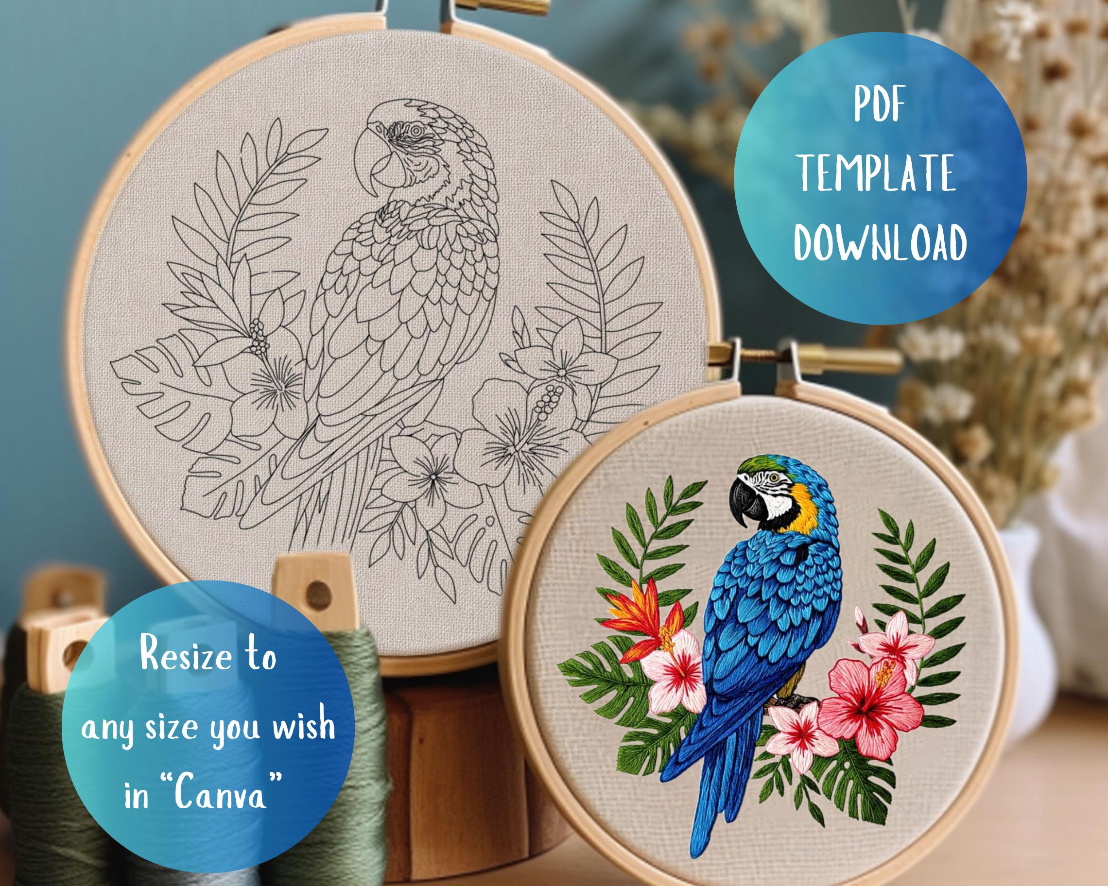 Maccaw Parrot Hand Embroidery Pattern. Exotic Bird Hoop Template ...