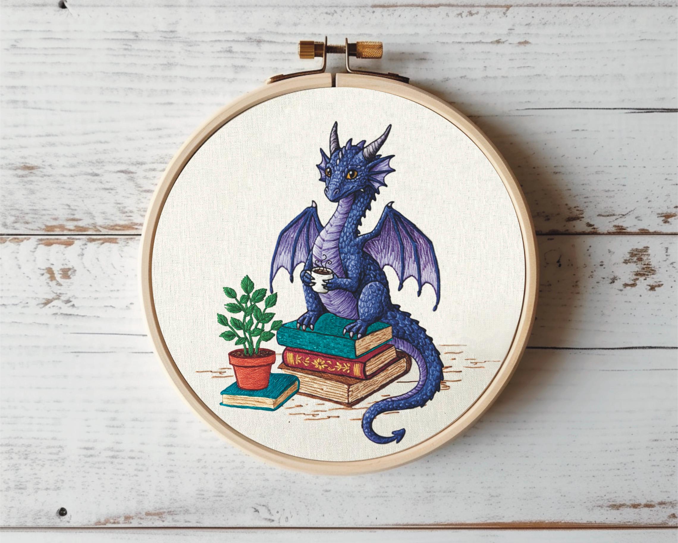 Dragon and Books Embroidery Pattern. Dragon and Coffee Hoop Embroidery ...