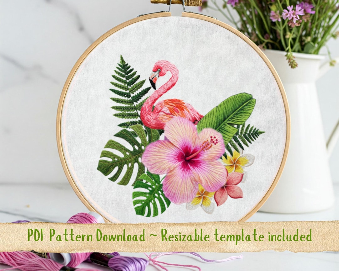 Flamingo Tropical Hand Embroidery Pattern. Hibiscus Hoop Template ...