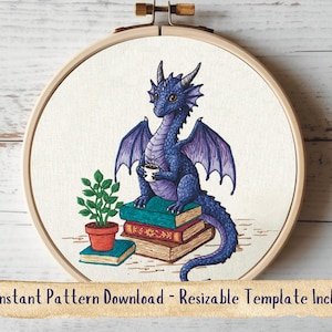 Dragon and Books Embroidery Pattern: Fantasy Hoop Art (digital Download ...