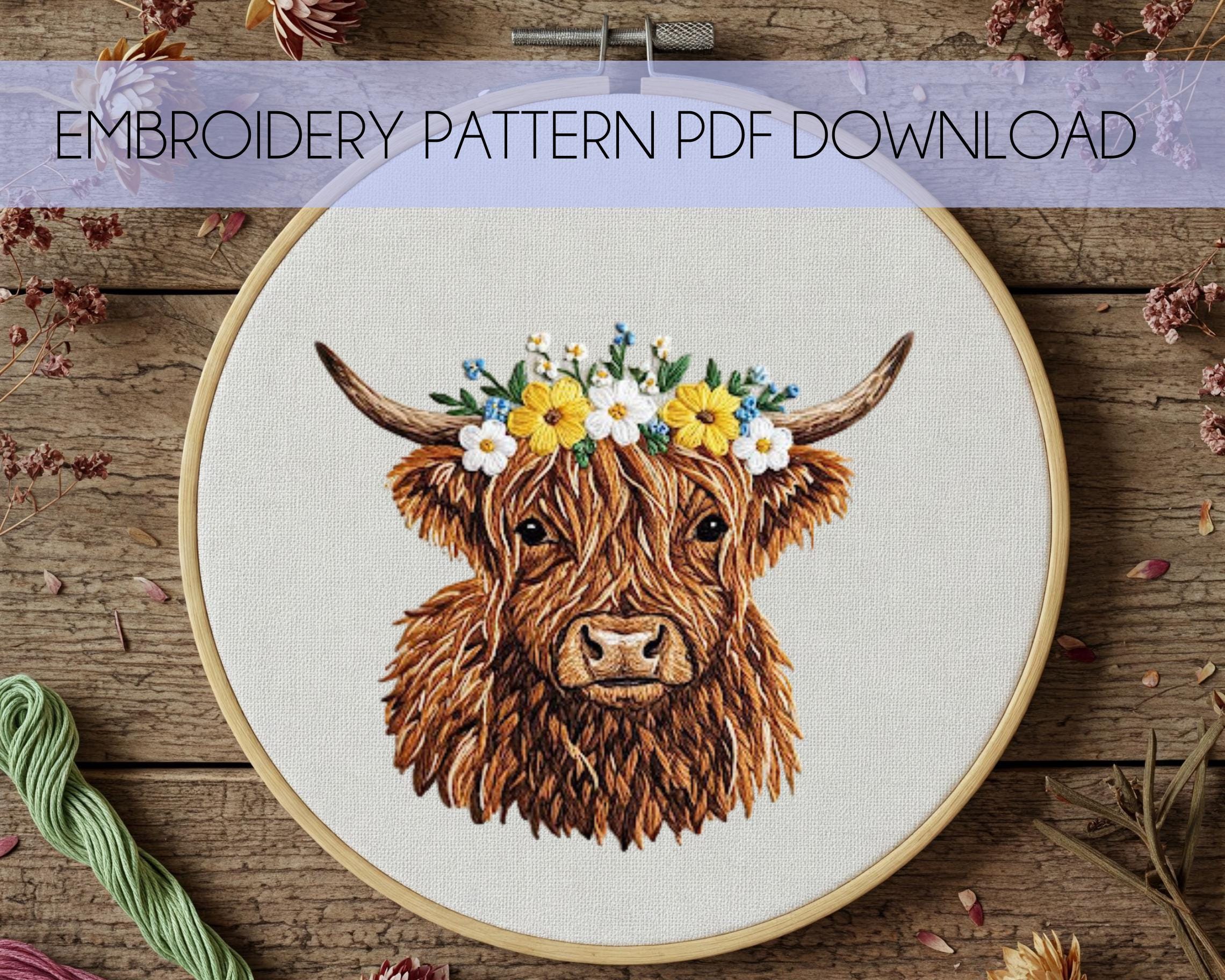 Highland Cow Hand Embroidery Pattern. Floral Cute Cow Hoop Template ...