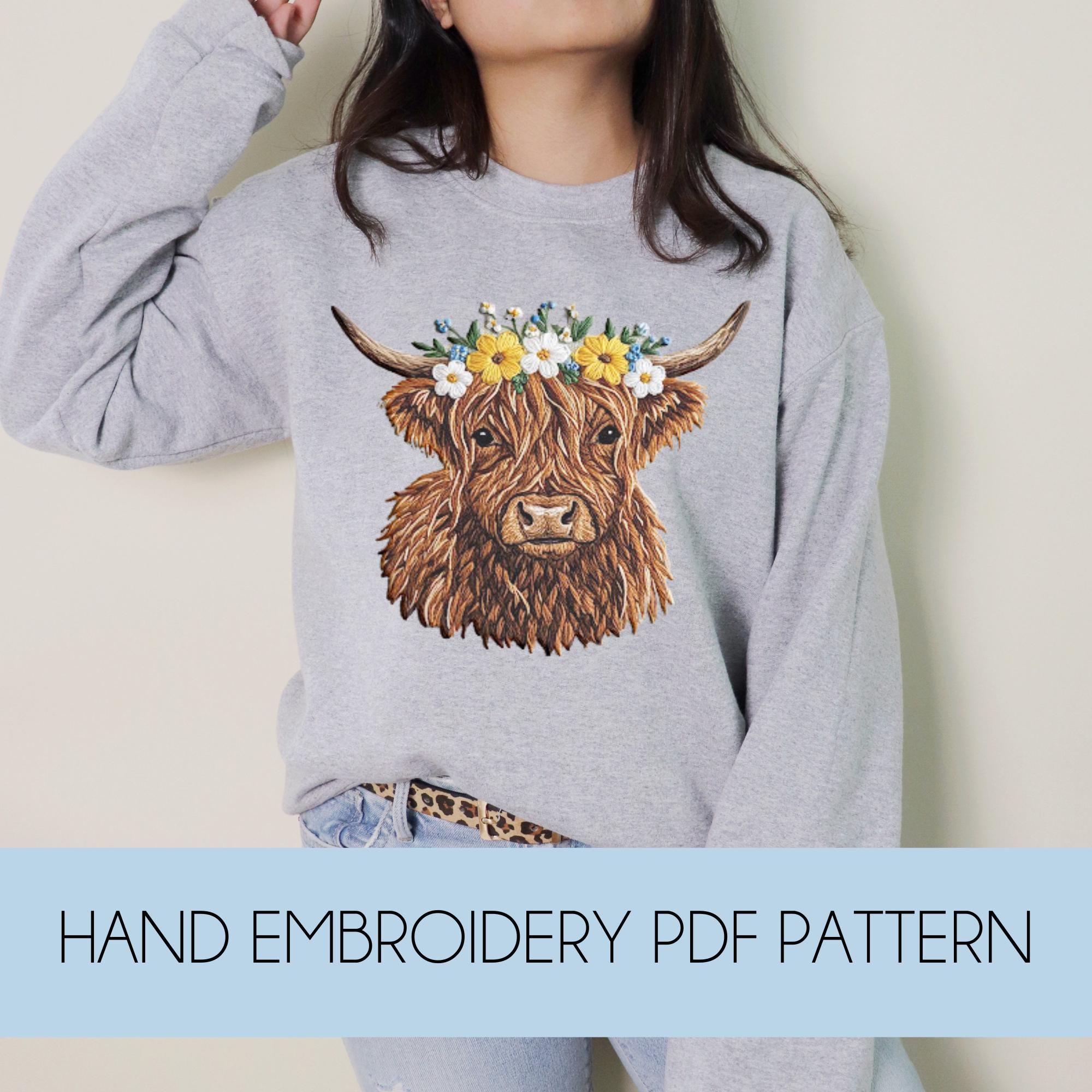Highland Cow Hand Embroidery Pattern. Floral Cute Cow Hoop Template ...