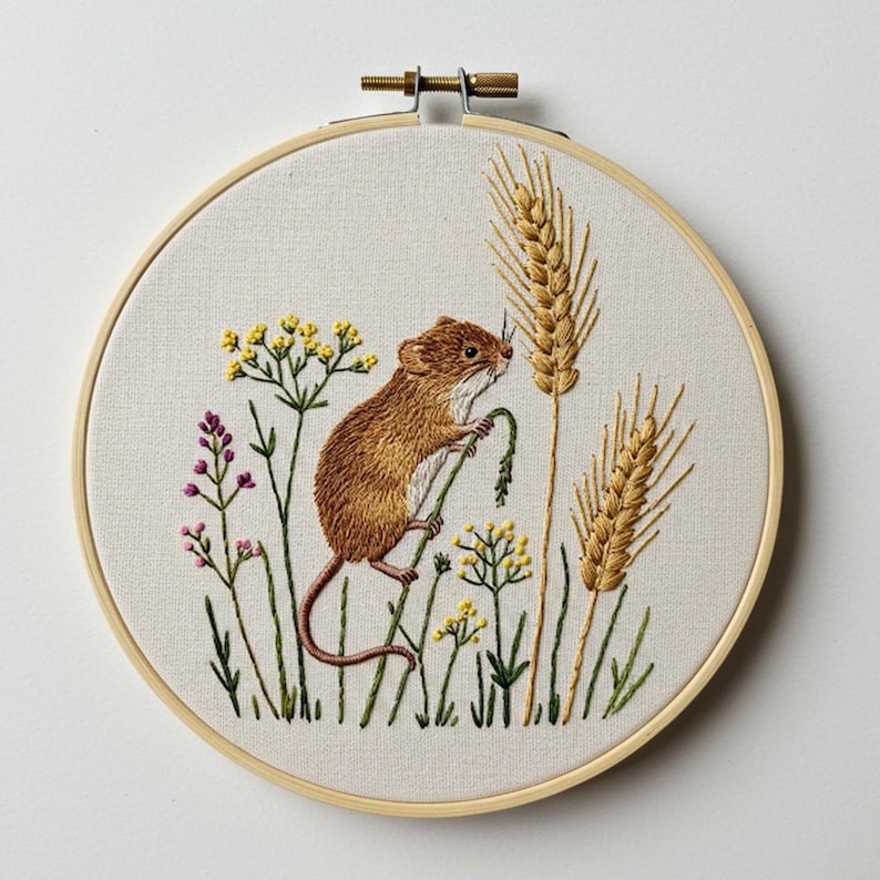 Field Mouse Hand Embroidery Pattern. Wheat & Wildflower Hoop Template ...