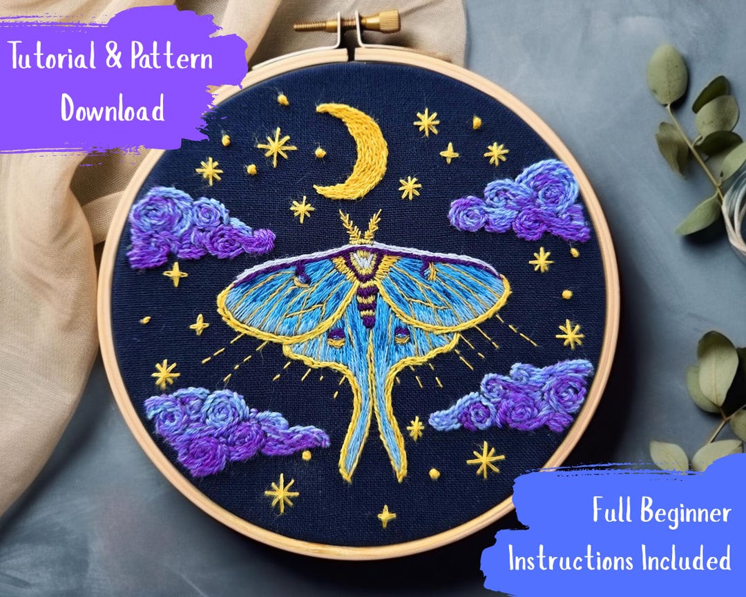Luna Moth Embroidery Tutorial. Luna Moth Hand Embroidery Pattern ...