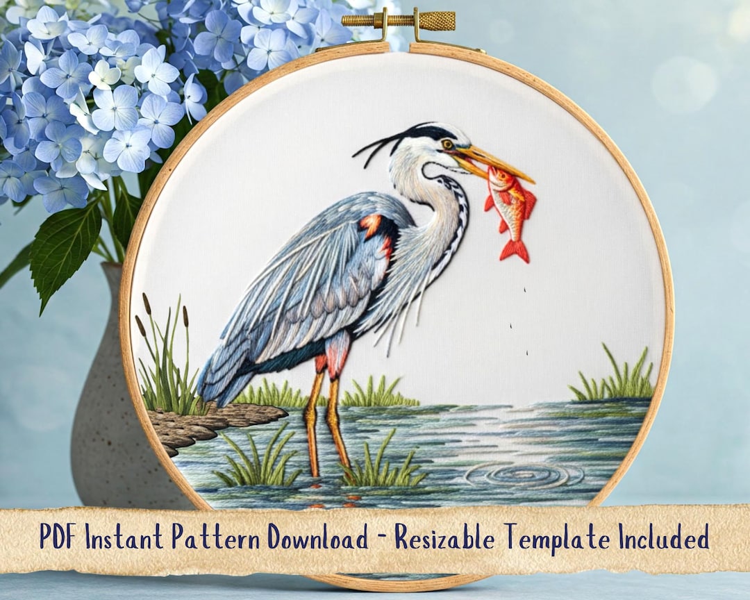 Heron Embroidery Pattern. Heron & Fish Pond Hoop Embroidery Design ...
