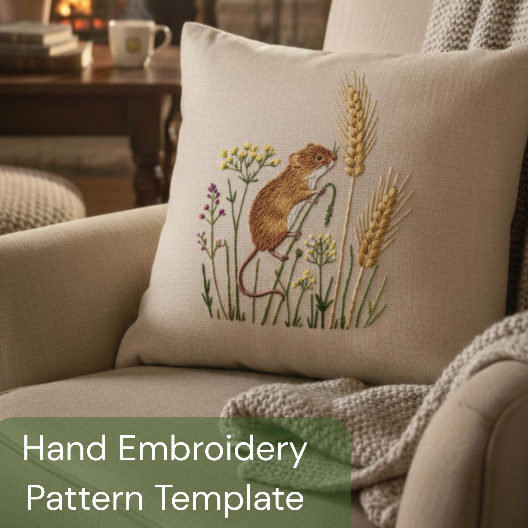 Field Mouse Hand Embroidery Pattern. Wheat & Wildflower Hoop Template ...