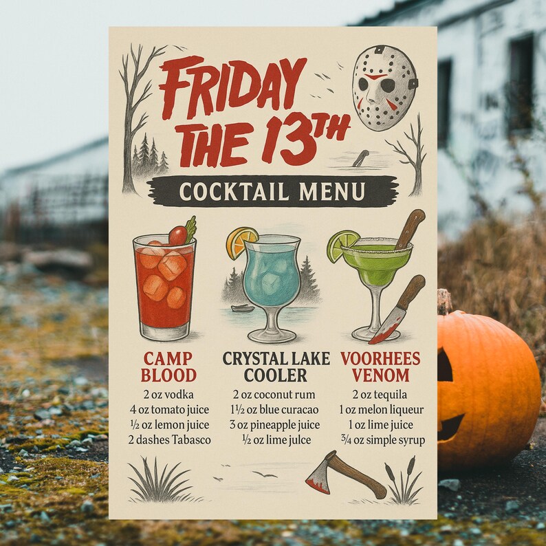 FRIDAY the 13th Bar Sign Printable | Horror Movie Party Cocktail Menu ...