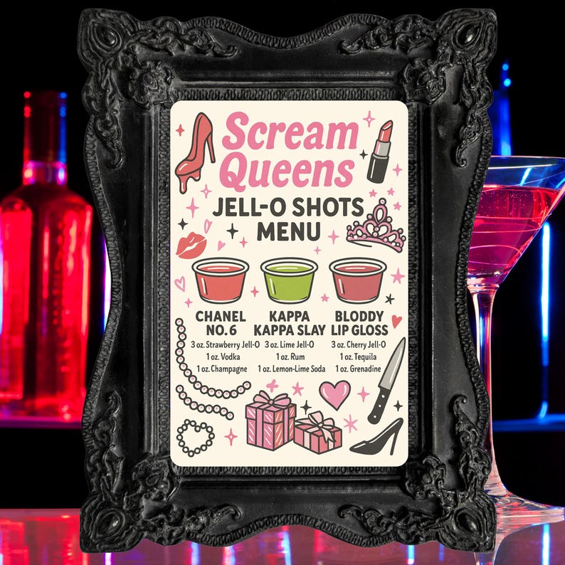 SCREAM QUEENS Jell-o Shots Sign | Hand Drawn Pink Party Bar Printable ...