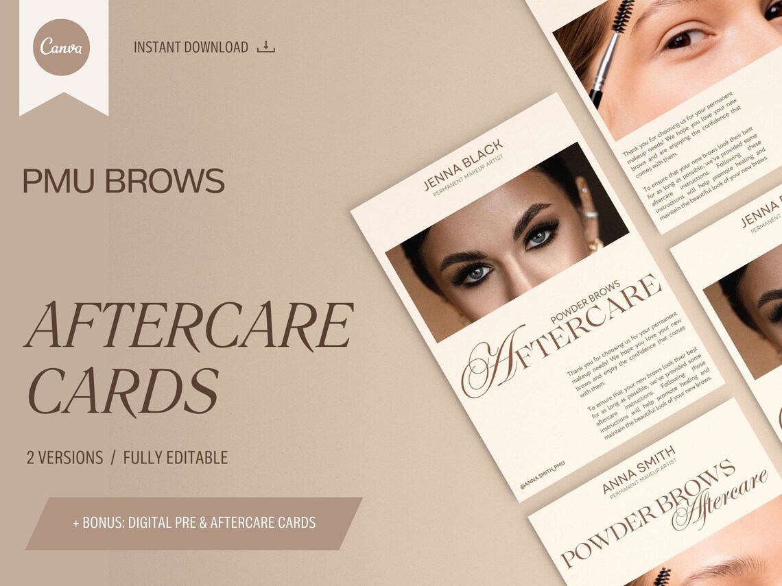 Editable Aftercare Cards, Pmu Template For Canva, Powder Brows After 