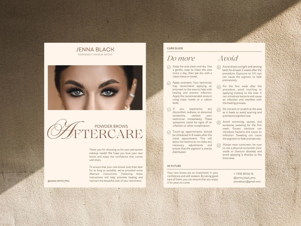 Editable Aftercare Cards, Pmu Template For Canva, Powder Brows After