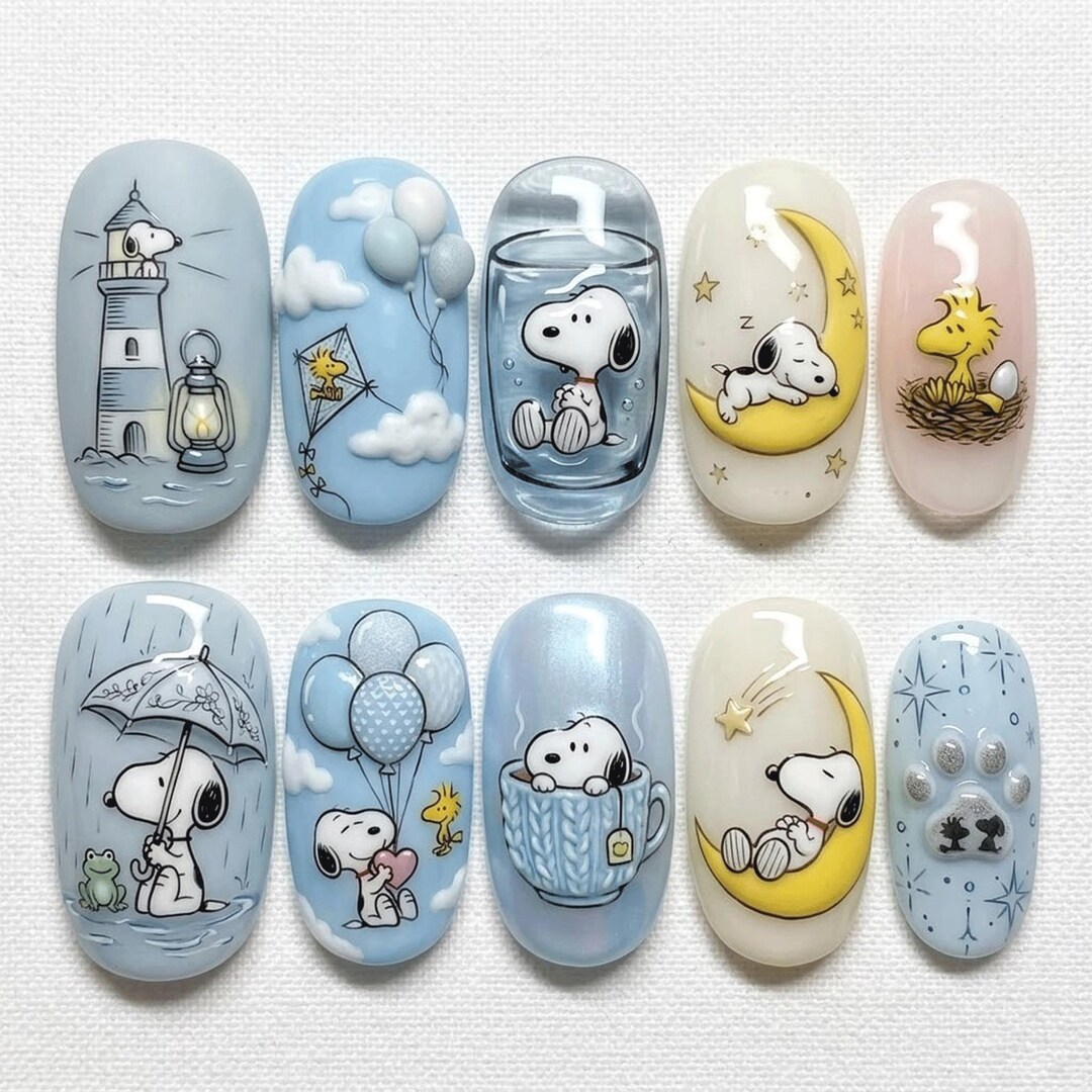 Snoopy Nail Art | Blue Lighthouse Snoopy Woodstock Nails | 3D Moon Tea ...