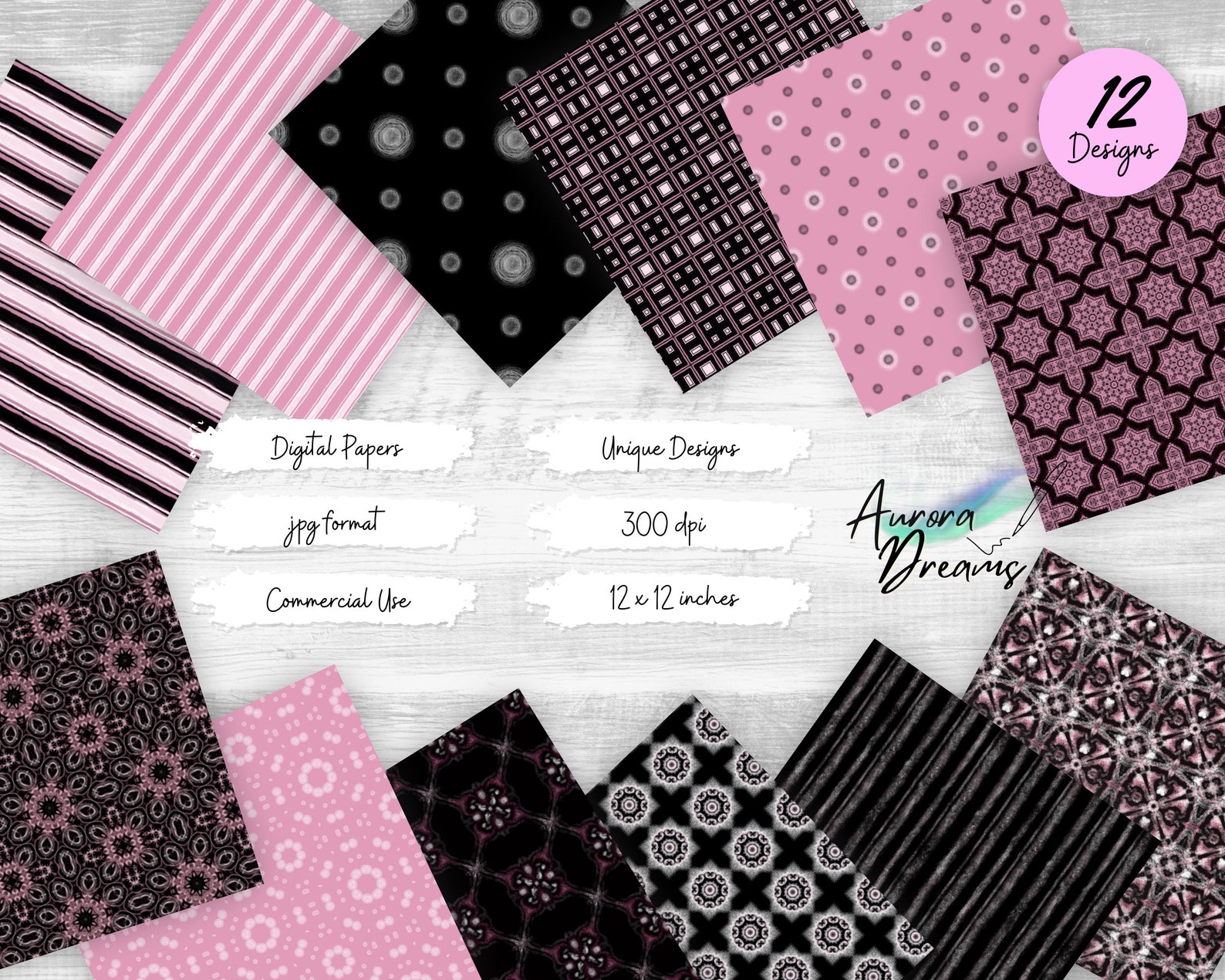 Pink and Black Pastel Chalk Seamless Pattern Pack. 12x12 Inches ...