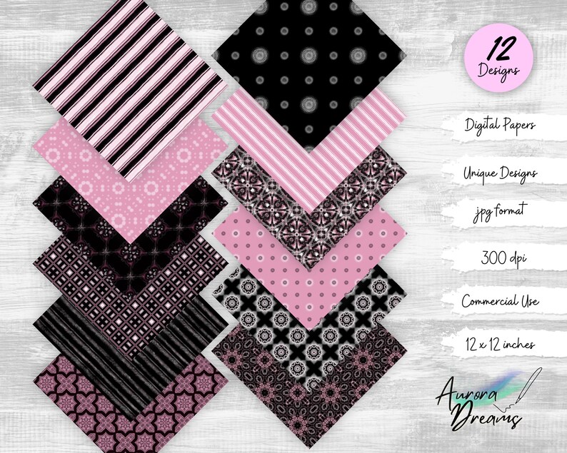Pink and Black Pastel Chalk Seamless Pattern Pack. 12x12 Inches ...