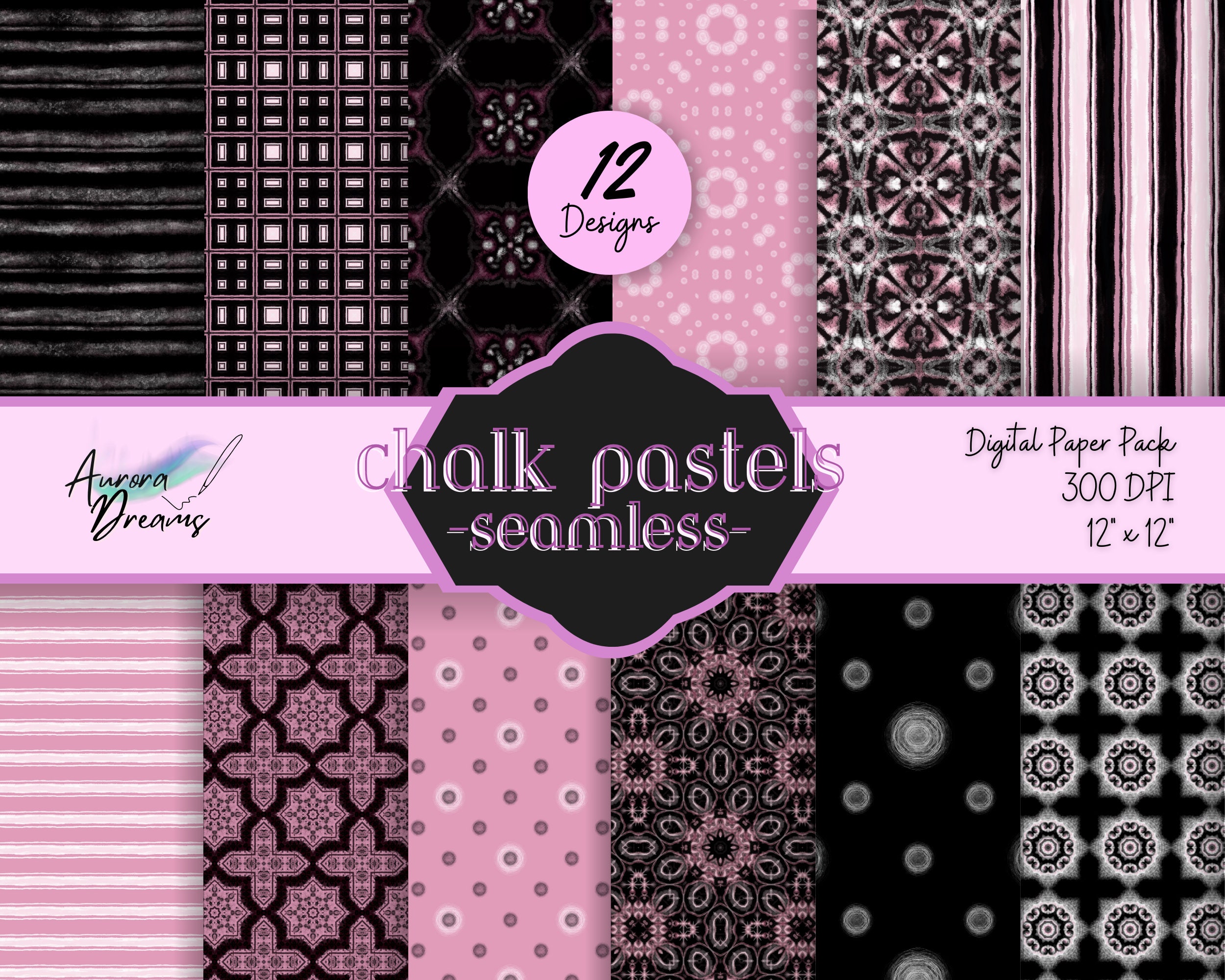 Pink and Black Pastel Chalk Seamless Pattern Pack. 12x12 Inches ...