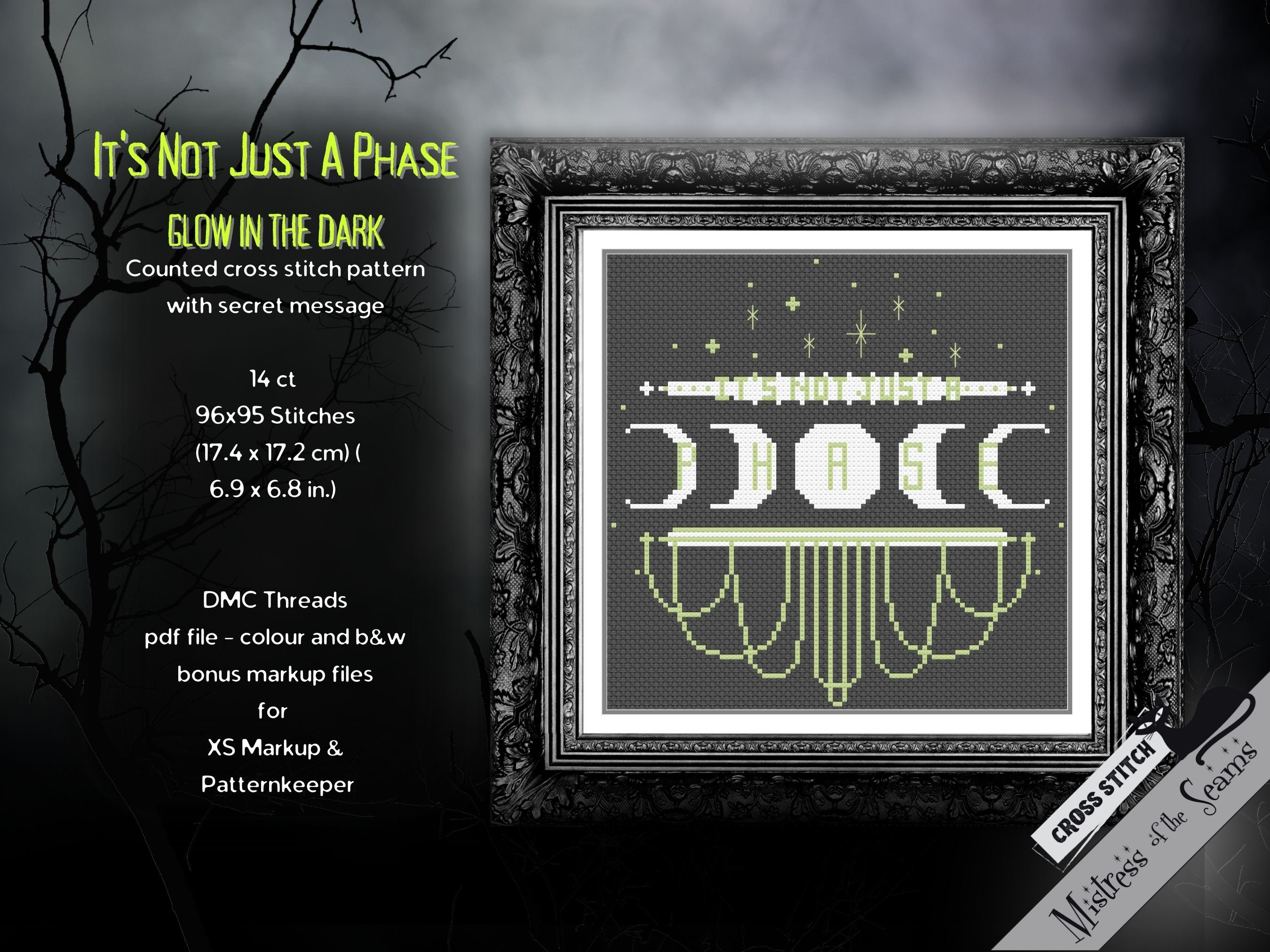 Moon Mystique Lunar Phases Cross Stitch Pattern Glow in the Dark Moon Phases Wall Decor A Witchy ...