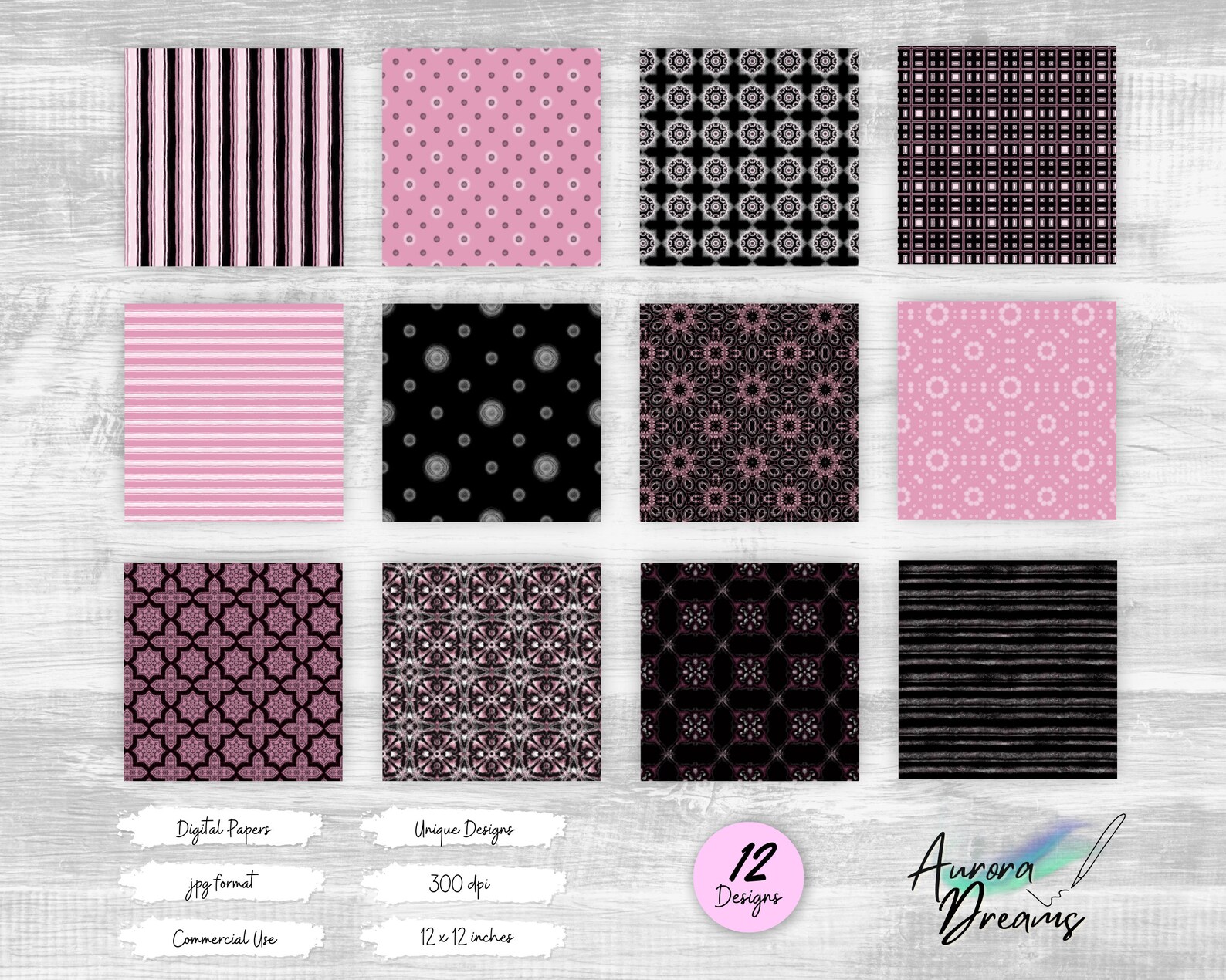 Pink and Black Pastel Chalk Seamless Pattern Pack. 12x12 Inches ...
