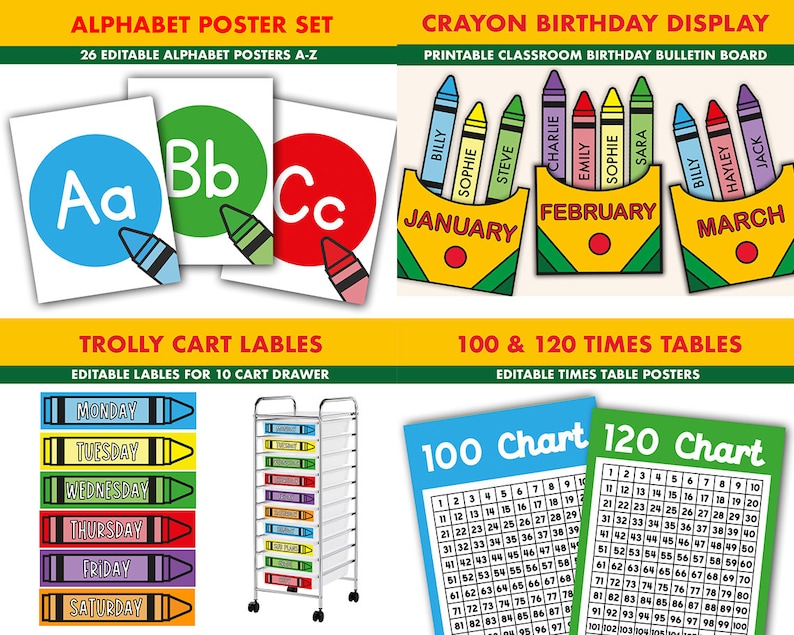 Crayon Classroom Decor Bundle || Editable Classroom Printable Display ...