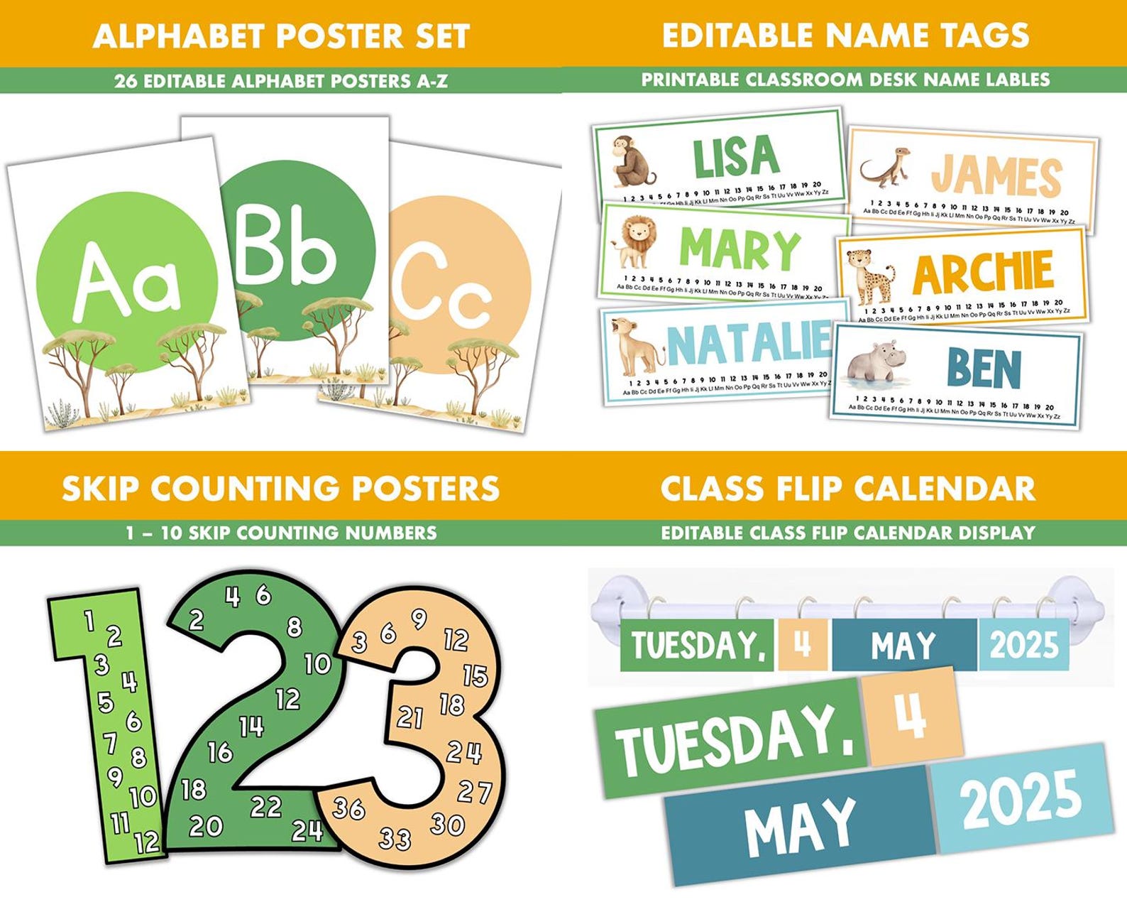 Safari Classroom Decor Bundle || Editable Classroom Printable Display ...