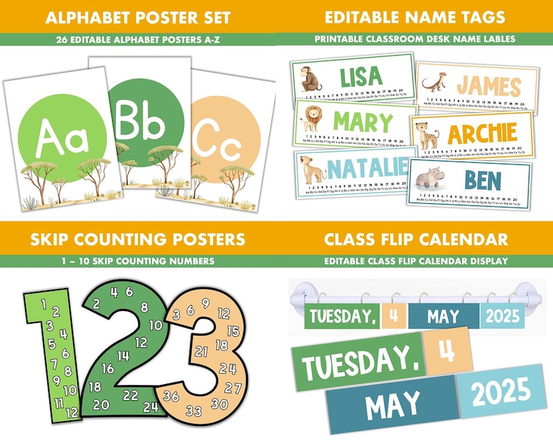 Safari Classroom Decor Bundle || Editable Classroom Printable Display ...