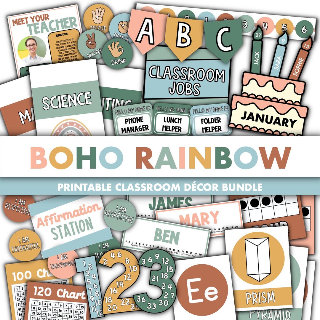 Boho Rainbow Classroom Decor Bundle || Editable Classroom Printable ...