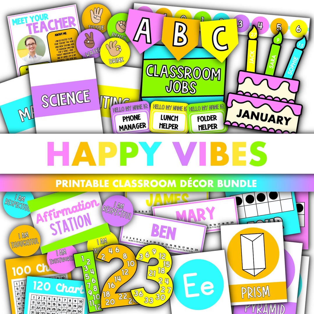 Happy Vibes Classroom Decor Bundle || Editable Classroom Printable ...