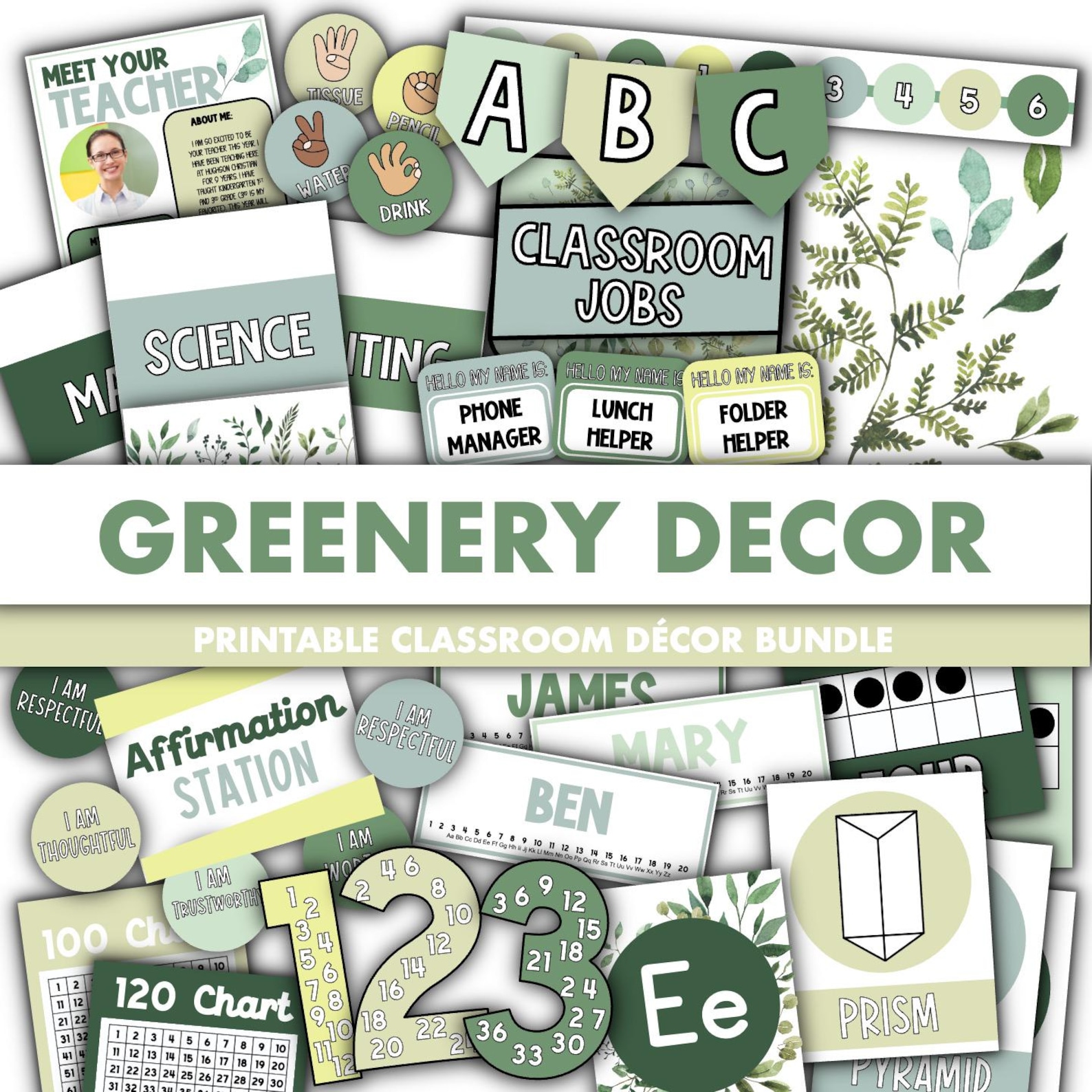 Greenery Classroom Decor Bundle || Editable Classroom Printable Display ...