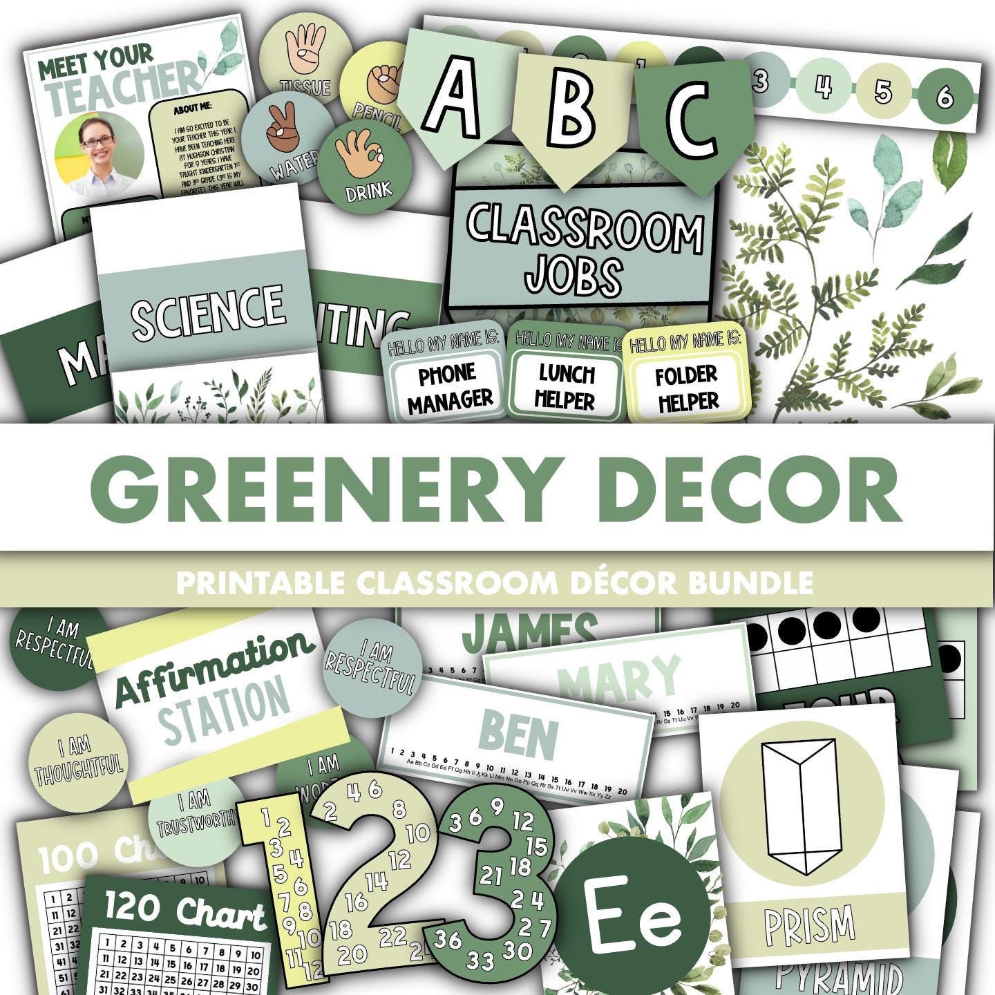 Greenery Classroom Decor Bundle || Editable Classroom Printable Display ...