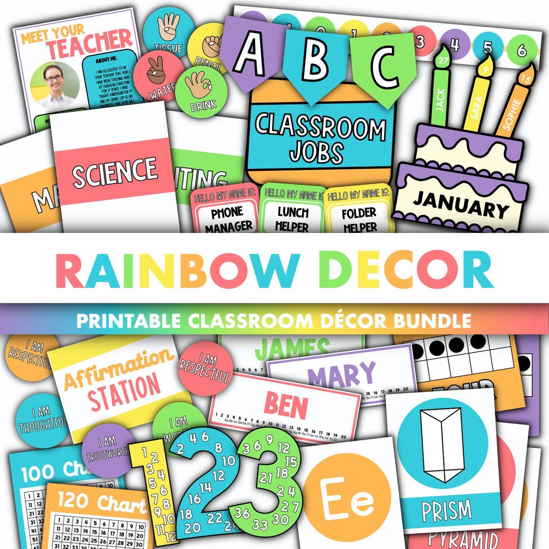 Rainbow Classroom Decor Bundle || Editable Classroom Printable Display ...