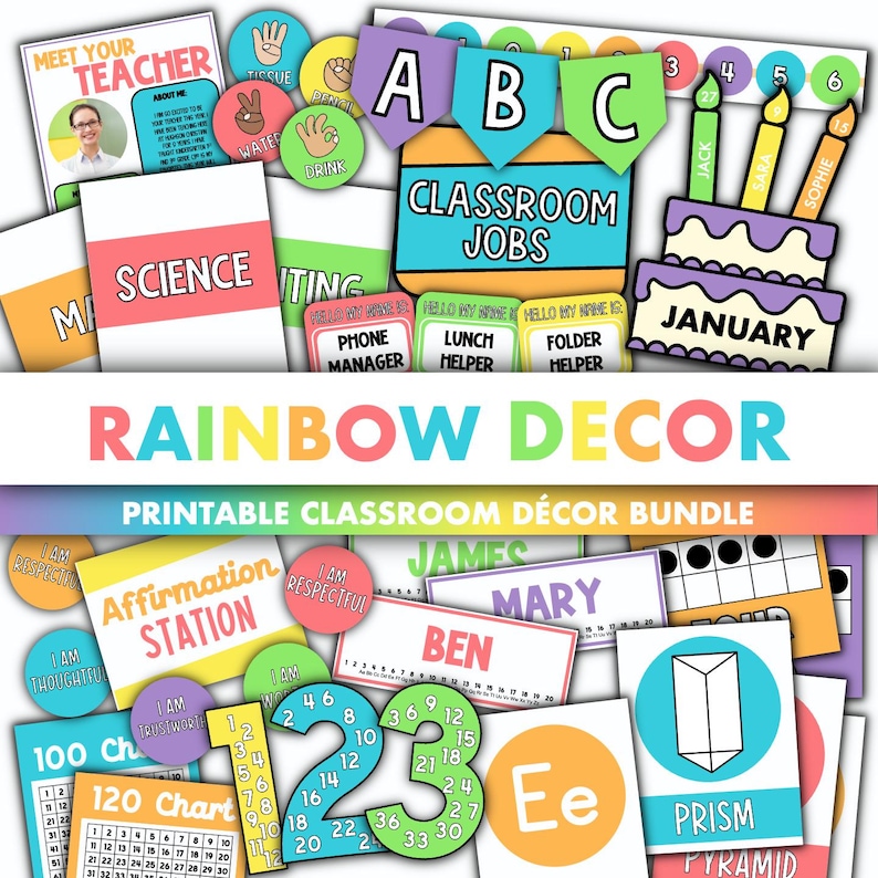 Rainbow Classroom Decor Bundle || Editable Classroom Printable Display ...