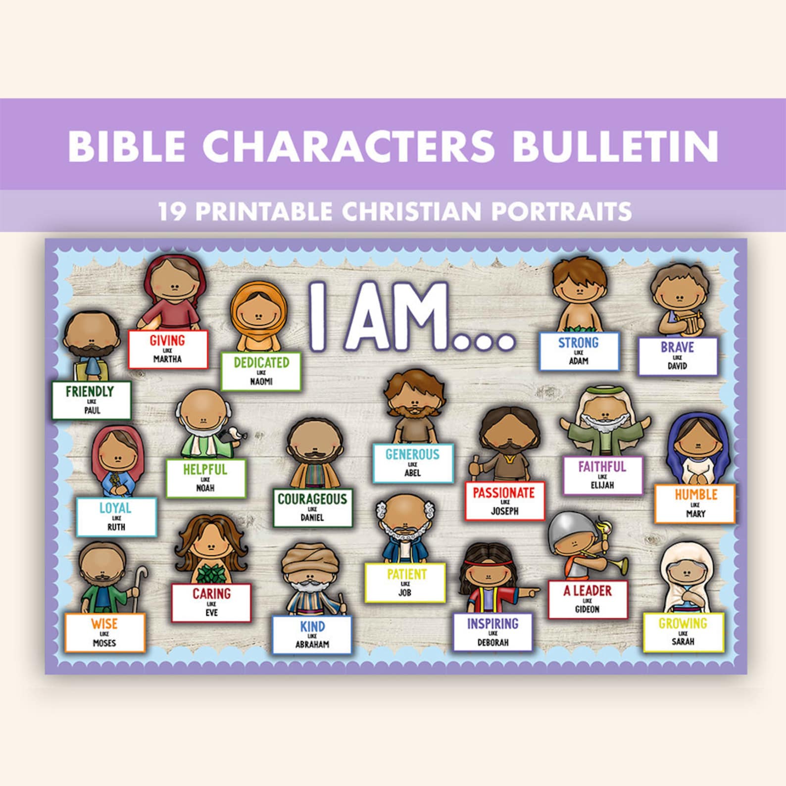 Pastel Bible Characters Bulletin Board 19 Printable Christian Classroom ...