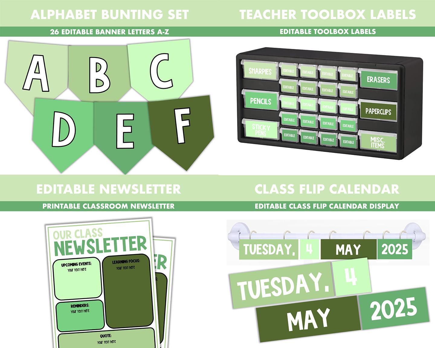 Shades of Green Classroom Decor Bundle || Editable Classroom Printable ...