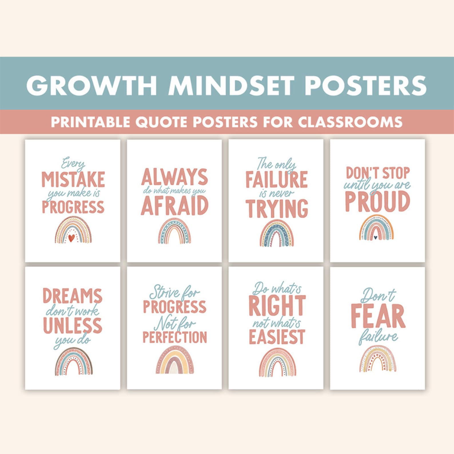 Boho Rainbow Growth Mindset Posters || 8 Inspiration Quote Posters for ...