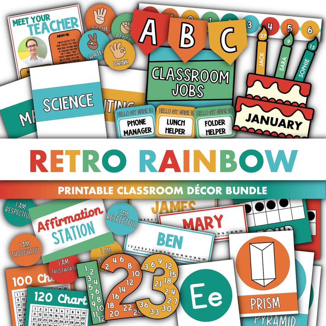 Retro Rainbow Classroom Decor Bundle || Editable Classroom Printable ...