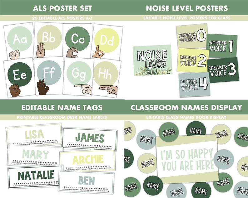 Greenery Classroom Decor Bundle || Editable Classroom Printable Display ...