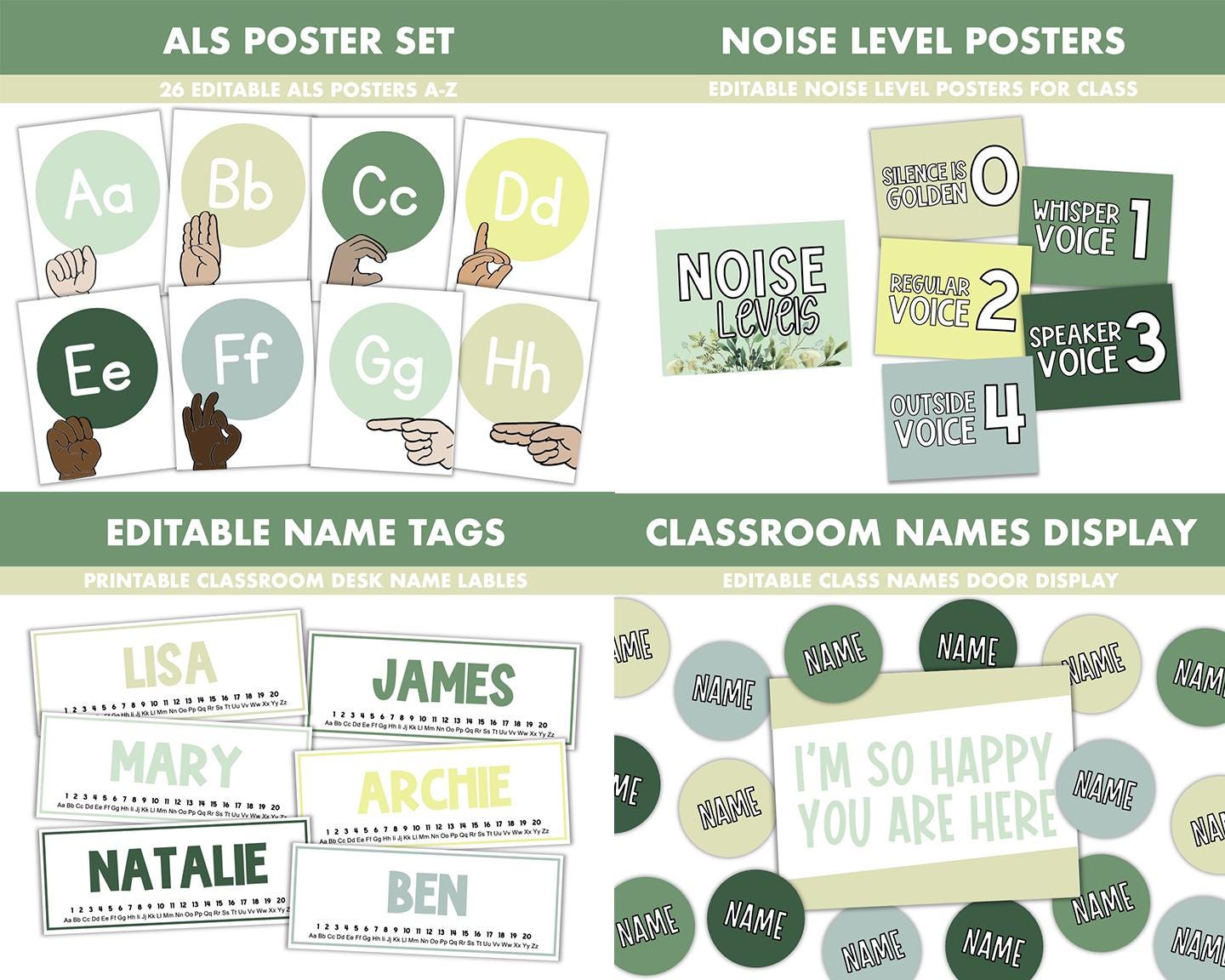 Greenery Classroom Decor Bundle || Editable Classroom Printable Display ...