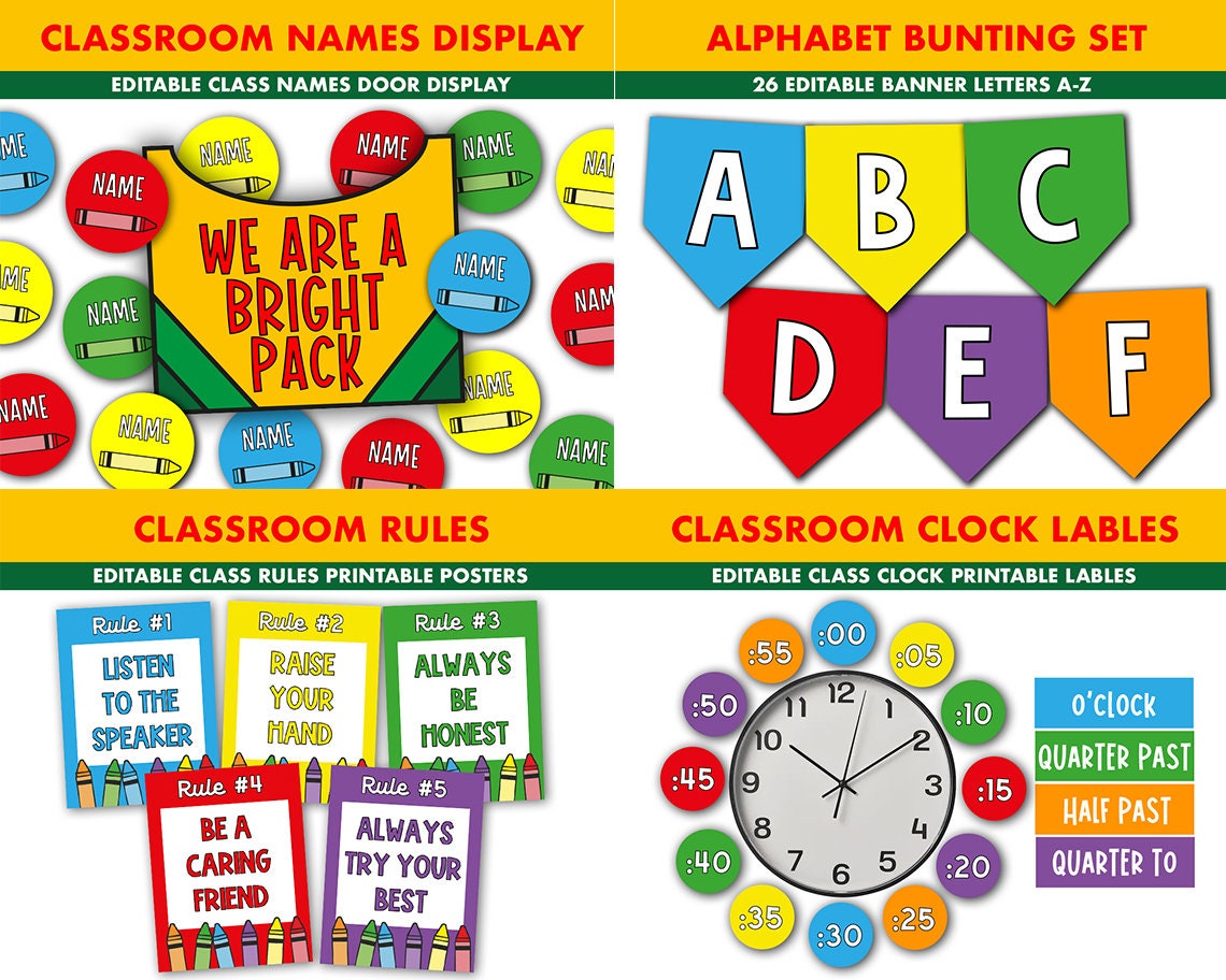 Crayon Classroom Decor Bundle || Editable Classroom Printable Display ...