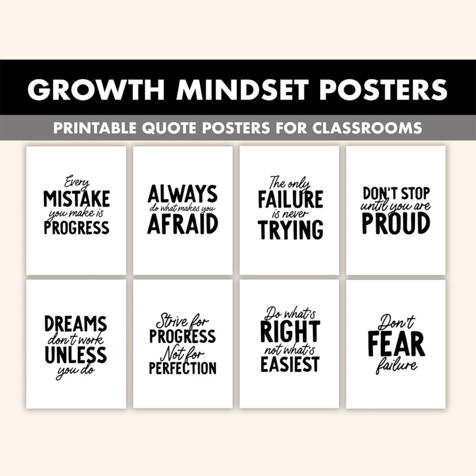 B&W Growth Mindset Posters || 8 Inspiration Quote Posters for Classroom ...
