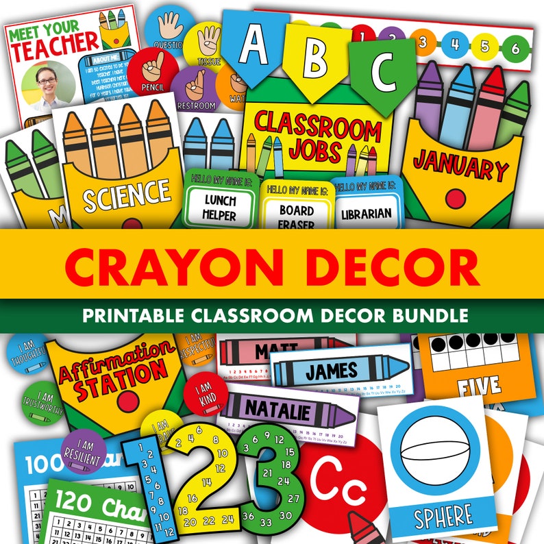 Crayon Classroom Decor Bundle || Editable Classroom Printable Display ...