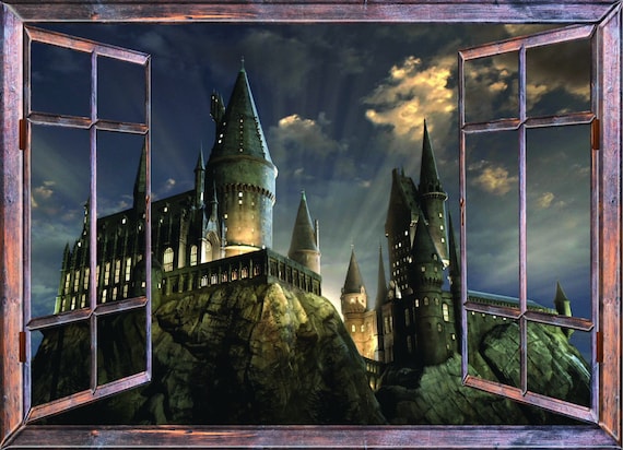Window With a View Magical Wizards Castle Lights at Night Wall - Etsy