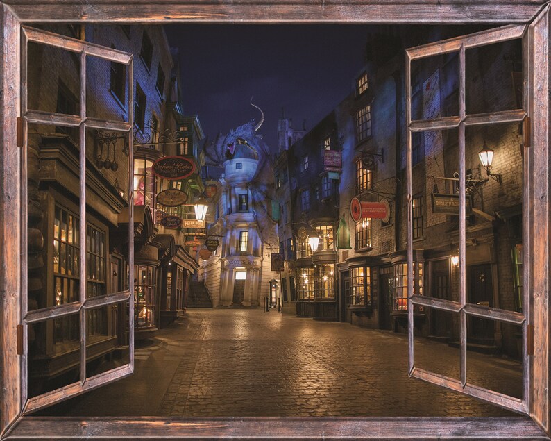 Window With a View Magical Wizards Street at Night Wall Mural Brown ...