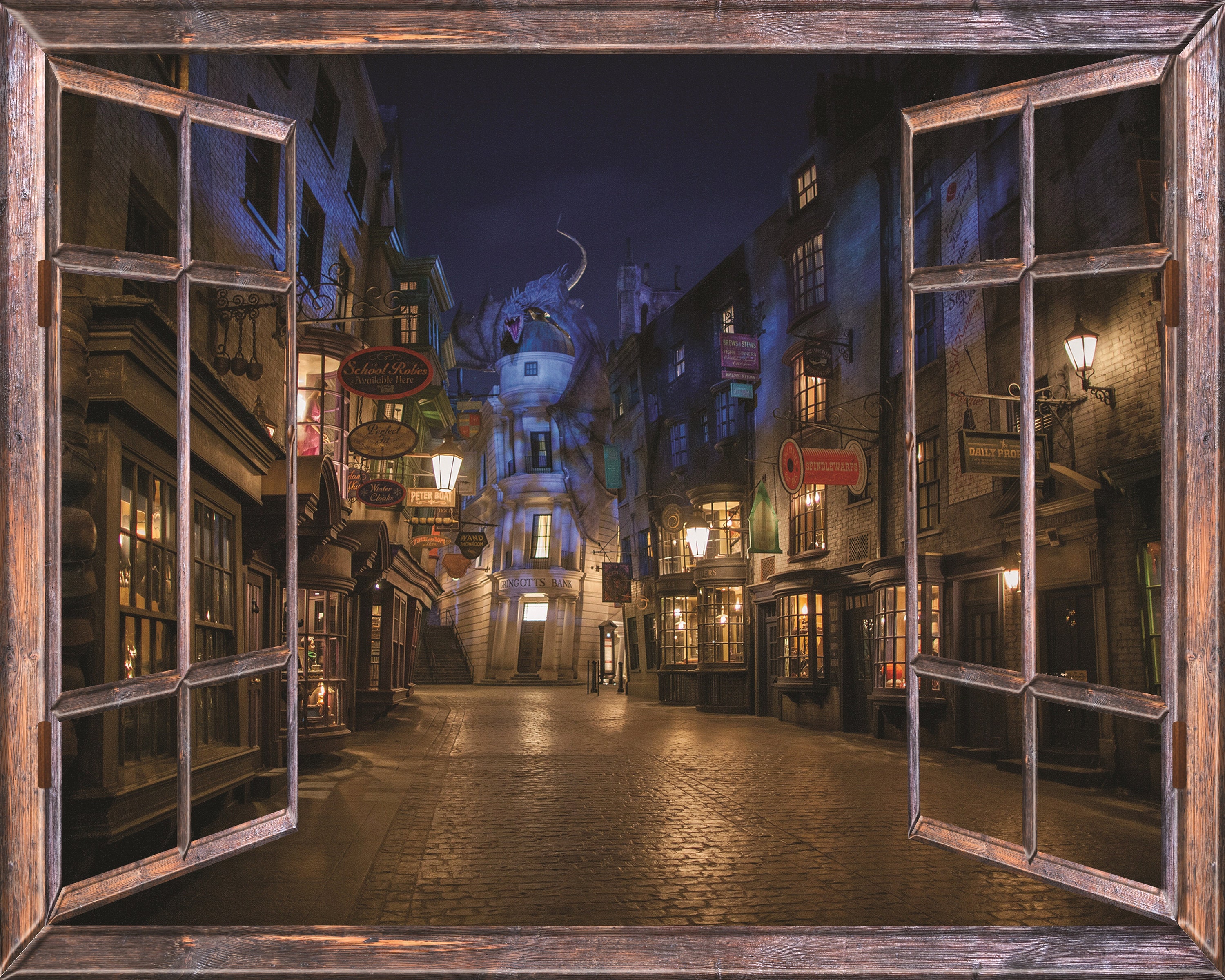 Window With a View Magical Wizards Street at Night Wall Mural Brown ...