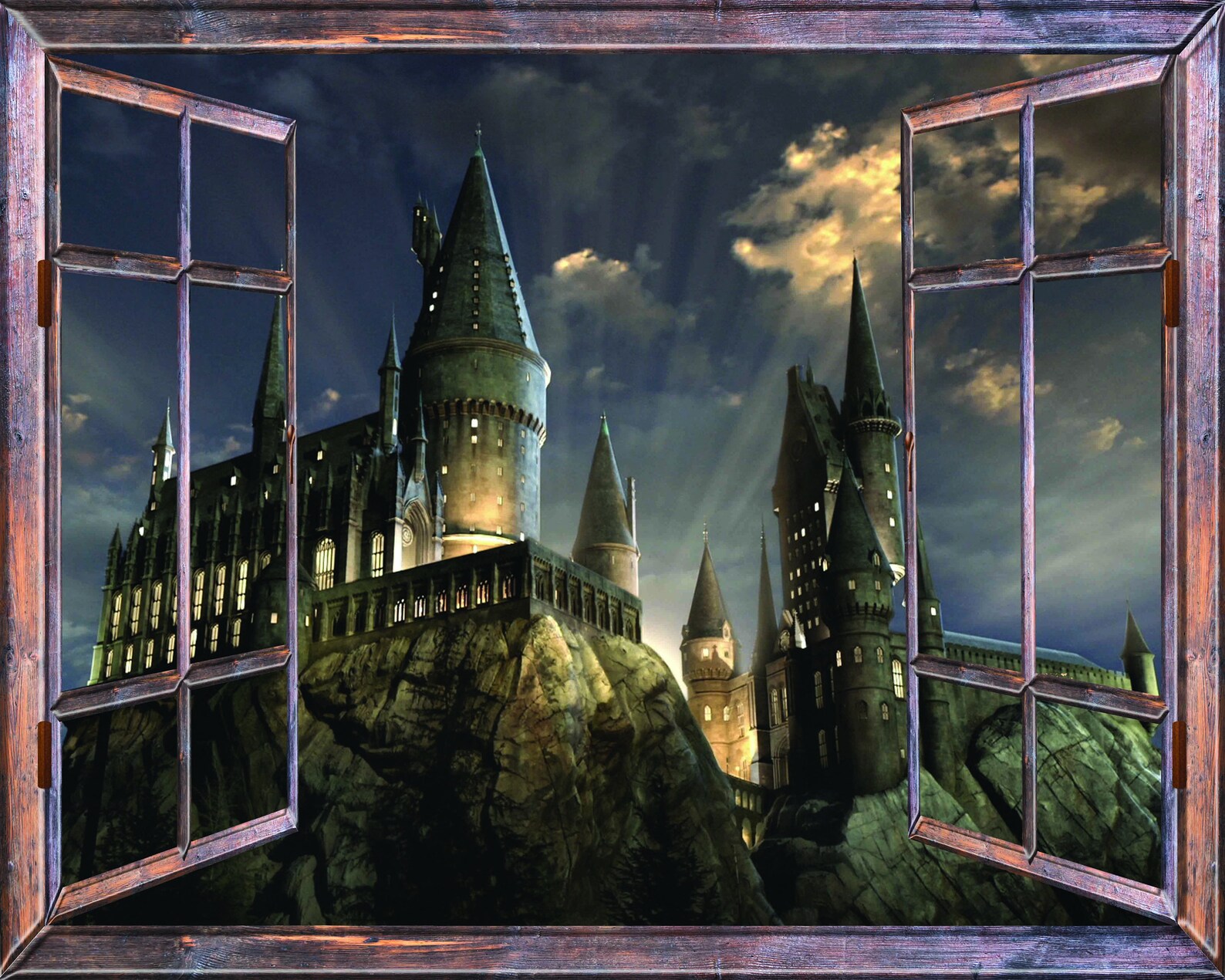 Window With a View Magical Wizards Castle Lights at Night Wall Mural ...