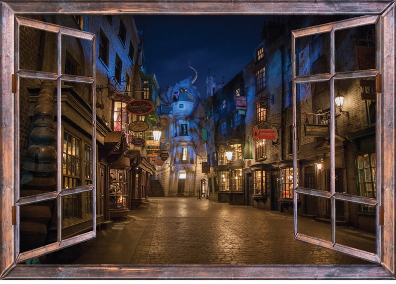 Window With a View Magical Wizards Street at Night Wall Mural Brown ...